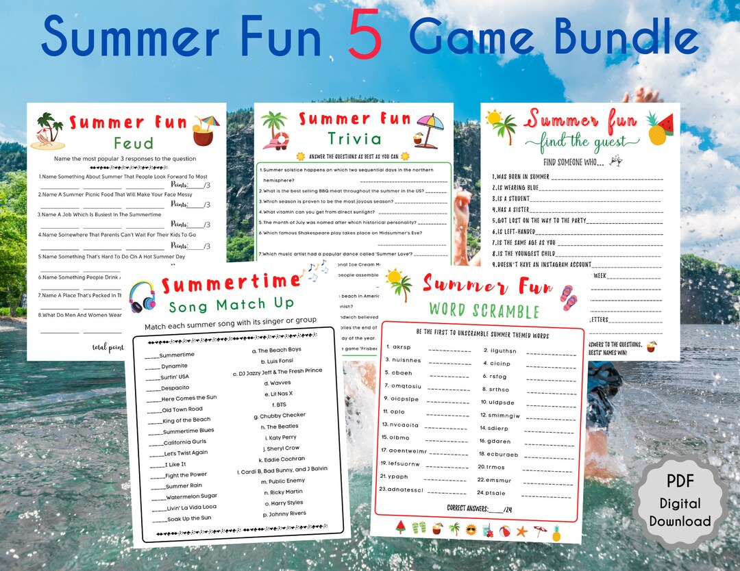 Summer Fun 5 Game Bundle Summertime Game Summer Party Game Printable ...