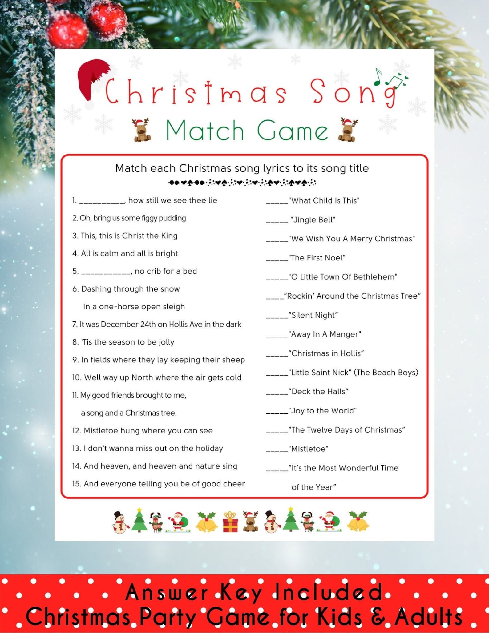 Christmas Song Match Game, Holiday Party Game, Christmas Printable Game ...