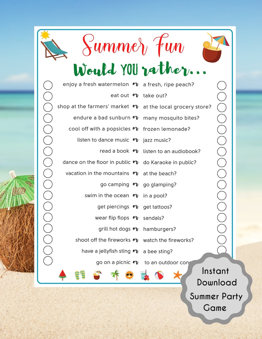 Summer Would You Rather Game | Summer Fun Game | Summer Party Game ...