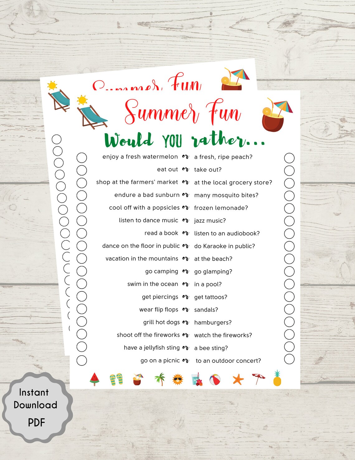 Summer Would You Rather Game Summer Fun Game Summer Party | Etsy
