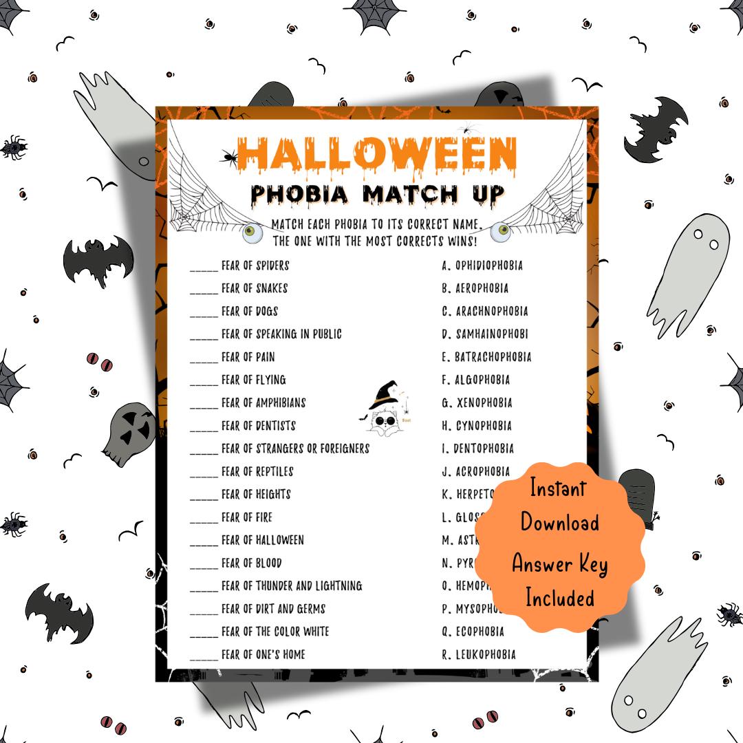 Halloween Phobia Match up Game: Printable Trivia Quiz (PDF Download - Etsy