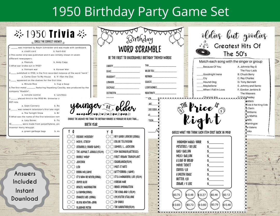 Born in 1950 Birthday Games Bundle 75th Birthday Party Games 1950 ...