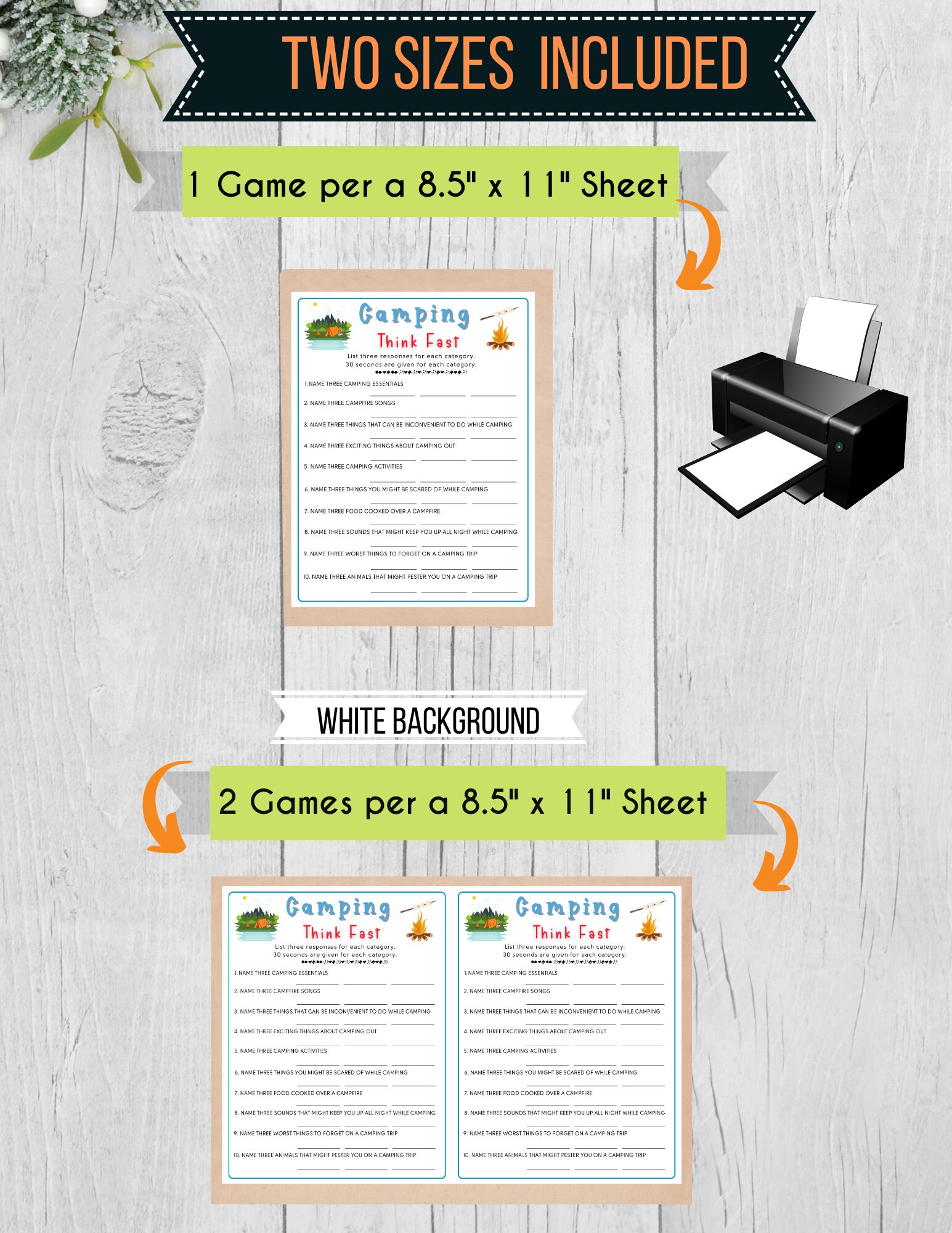 Camping Think Fast Game Fun Printable Camping Quiz Game Campsite Game ...