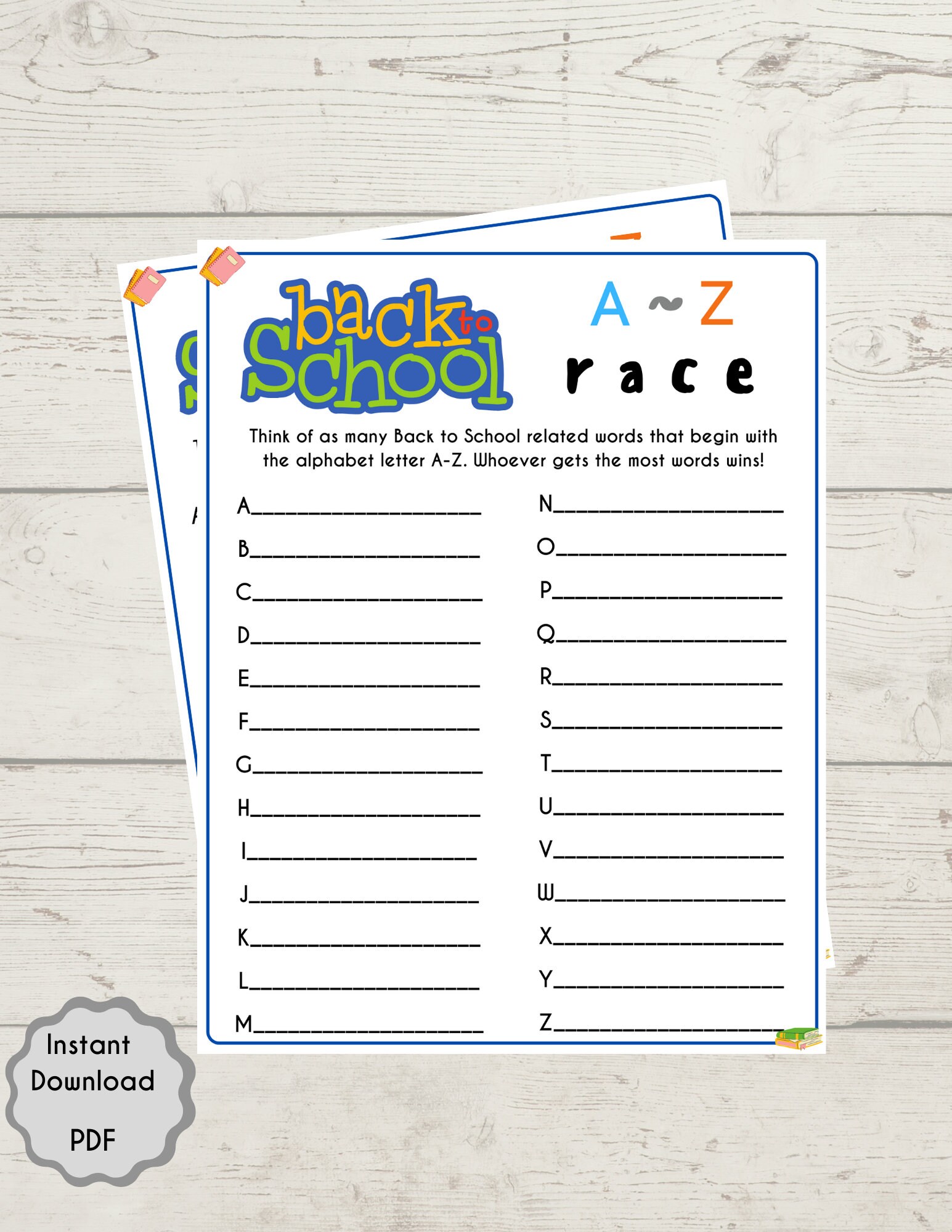 Back to School A to Z Race Printable Game Classroom Activity - Etsy