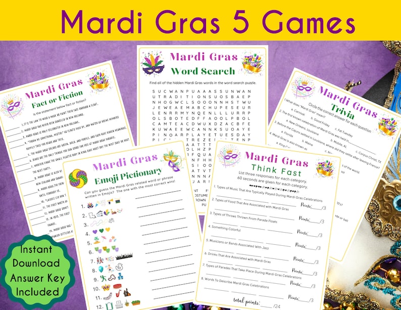 5 in 1 Mardi Gras Game Bundle Mardi Gras Printable Game for Kids ...