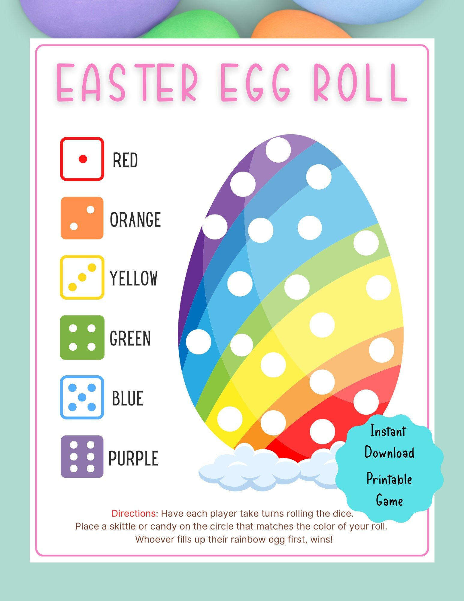 Easter Egg Roll Dice Game Easter Printable Game for Kids, Teens ...