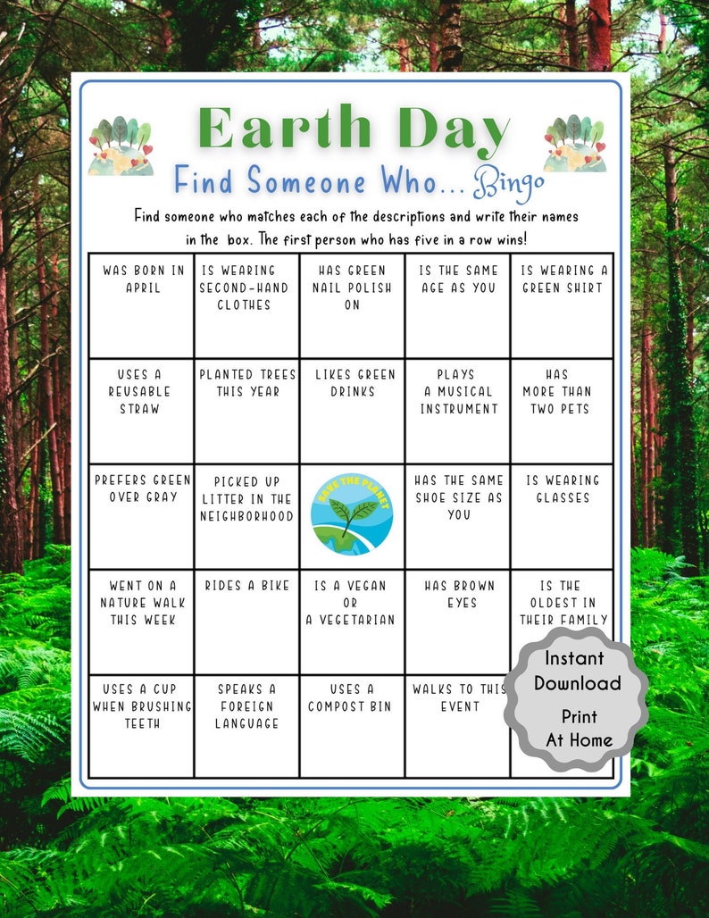 Earth Day Find Someone Bingo Game Fun Earth Day Printable Game for Kids ...