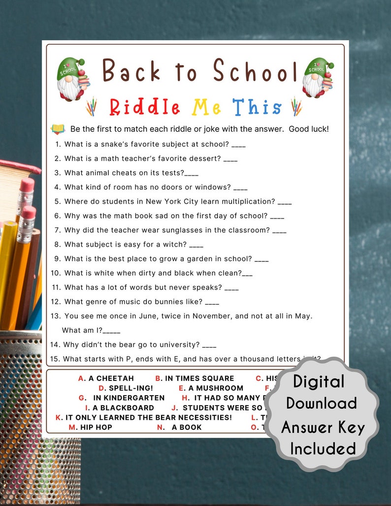 Back to School Riddle Me This Game Classroom Activity Popular Game for ...
