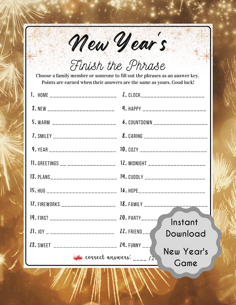 New Years Game Finish the Phrase, Printable New Year's Eve Game, New ...