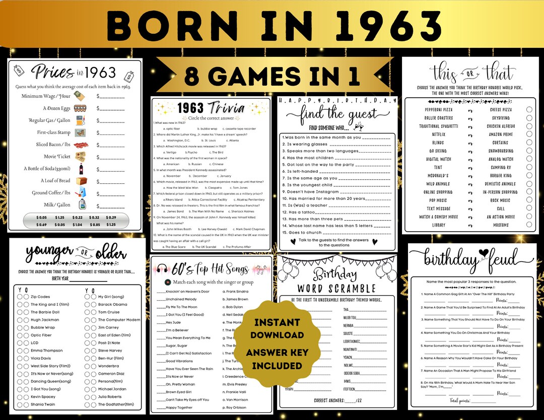 61st Birthday Games Bundle 1963 Birthday Game 61st Printable Party ...