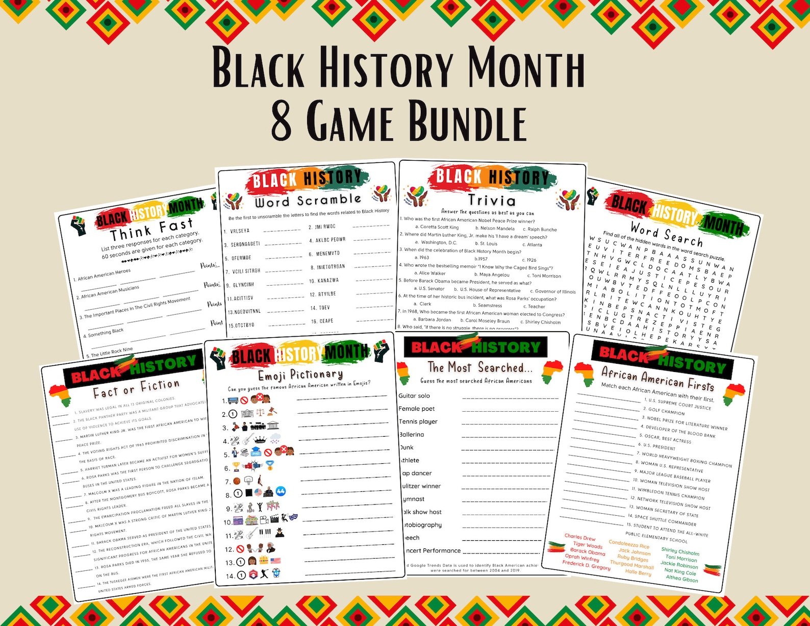 8 in 1 Black History Month Game Bundle, Fun Educational Game Kids ...