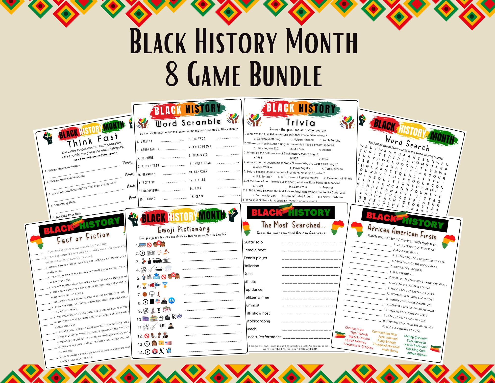 8 in 1 Black History Month Game Bundle, Fun Educational Game Kids ...