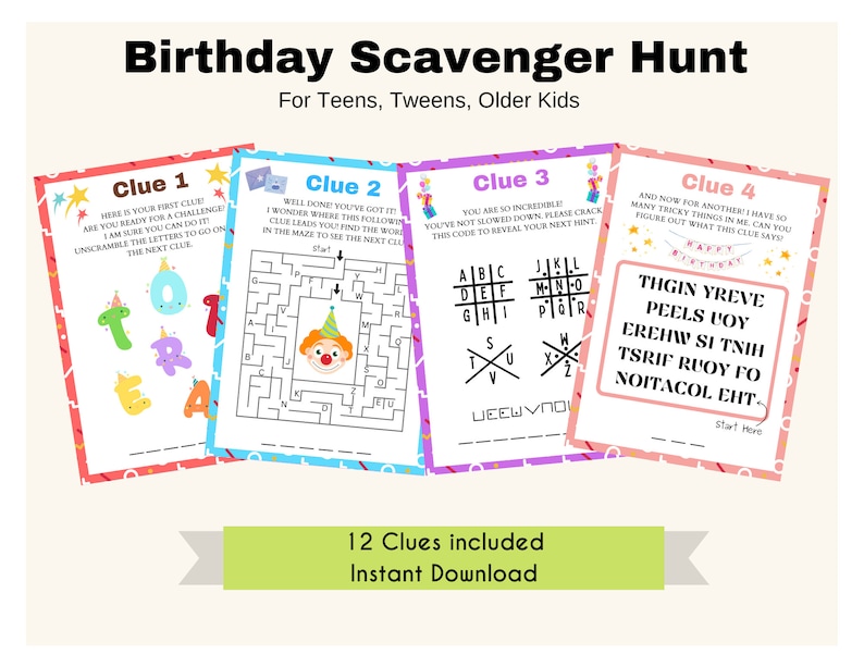 Teen Birthday Scavenger Hunt: 12 Clue Cards (printable) - Etsy