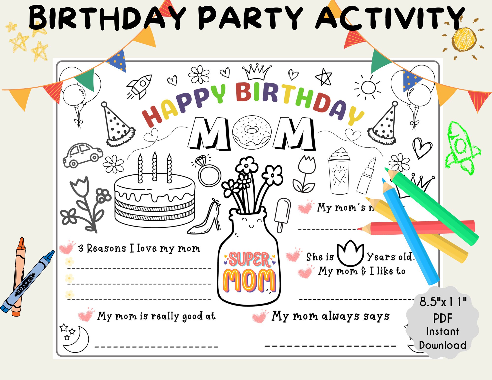 Moms Birthday Printable Activity and Coloring Placemat, Moms Birthday ...