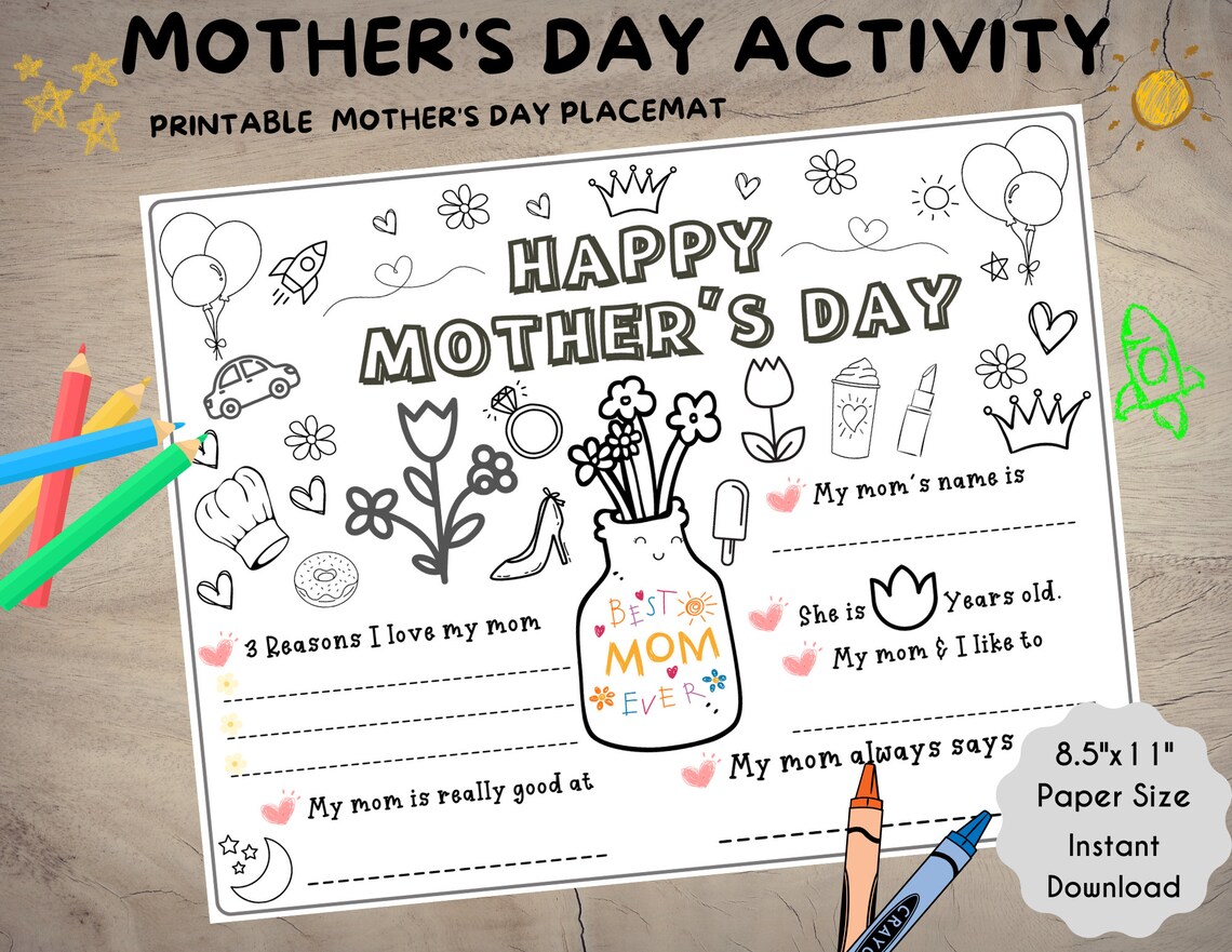 Mother's Day Party Printable Coloring Placemat - Etsy