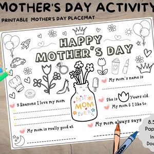 Mother's Day Party Printable Coloring Placemat, Mother's Day Party ...