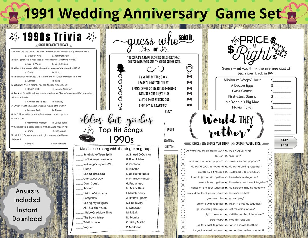 1991 33rd Anniversary Games Bundle Printable 1991 Anniversary Couple ...