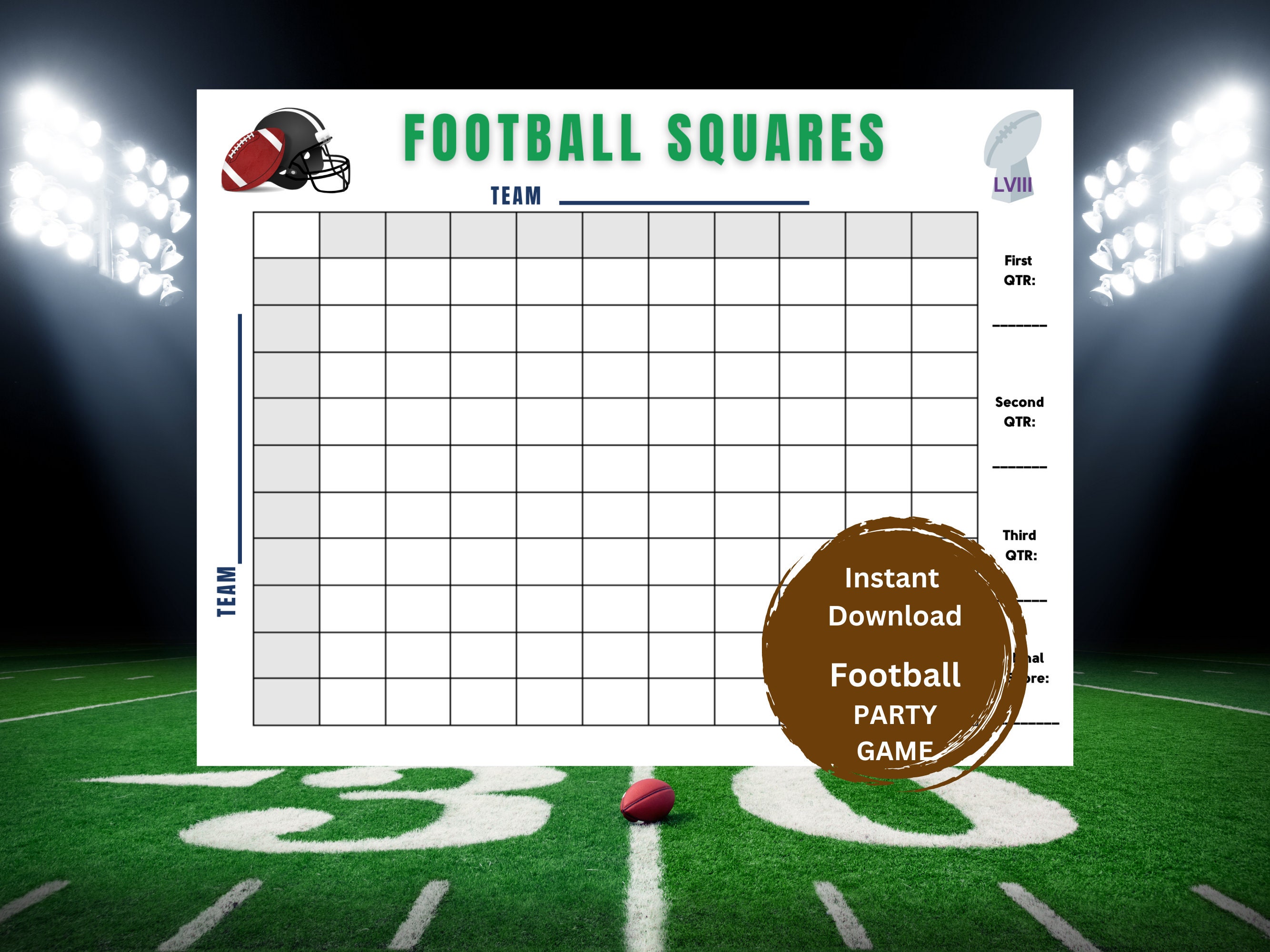 Football Squares Game Printable, Super Football Bowl Grids, Super ...