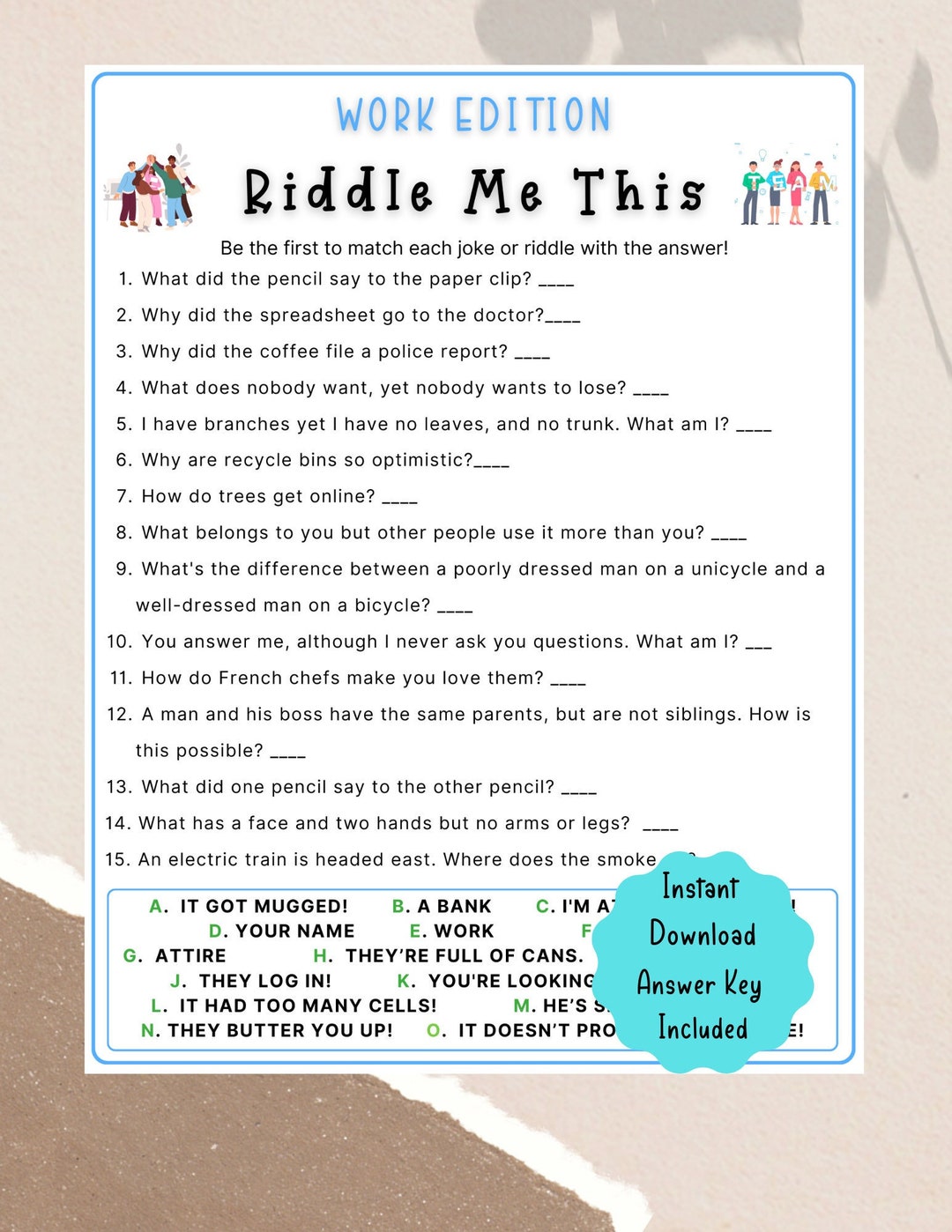 Office Party Riddle Game: Printable Icebreaker (PDF Download) - Etsy