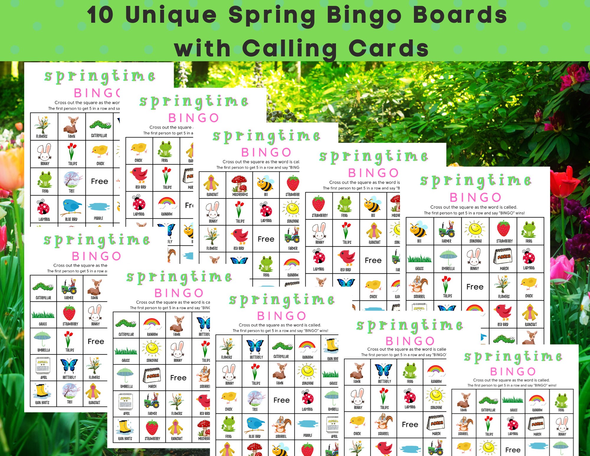 10 Unique Spring Bingo Boards and Calling Cards Fun Spring Game Spring ...