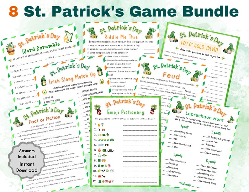8 St. Patrick's Day Game Bundle St. Patrick's Day Printable Activities ...