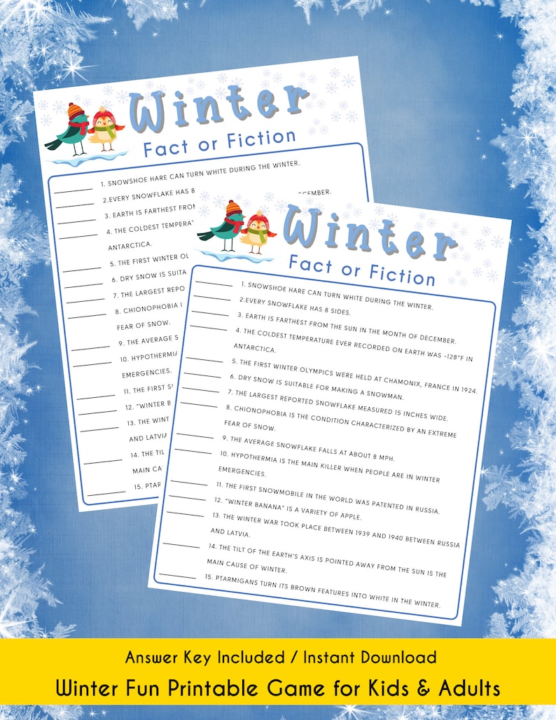 Winter Fact or Fiction Printable Game Winter Office Party Game Winter ...