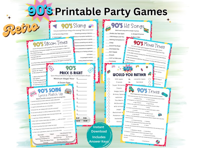 90s Party Games Printable: Music, Movie & Slang Trivia (PDF) - Etsy
