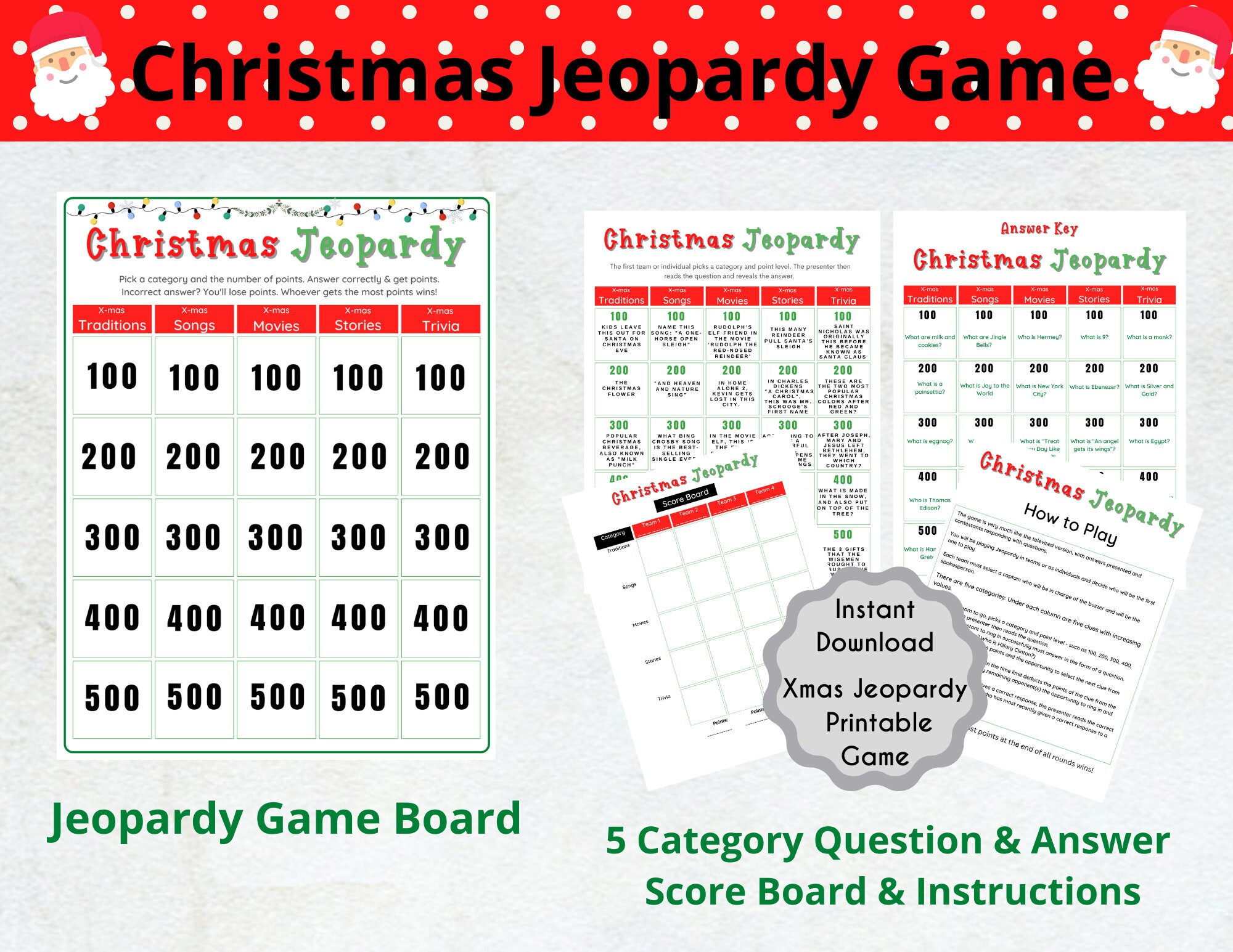 Christmas Jeopady Game Printable Fun Xmas Games All Ages Holiday Party ...