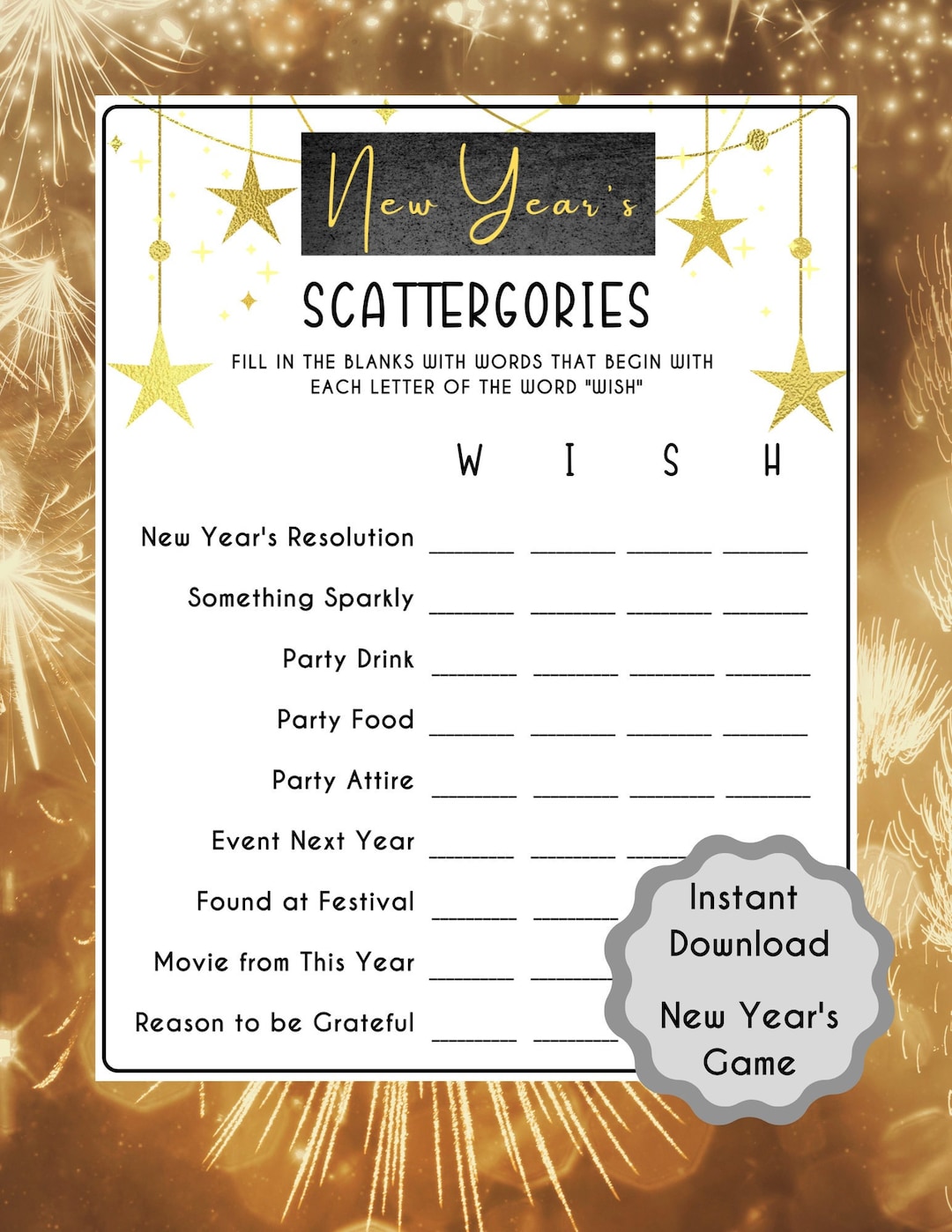 New Years Scattergories Game Printable New Year's Eve Game New Year ...