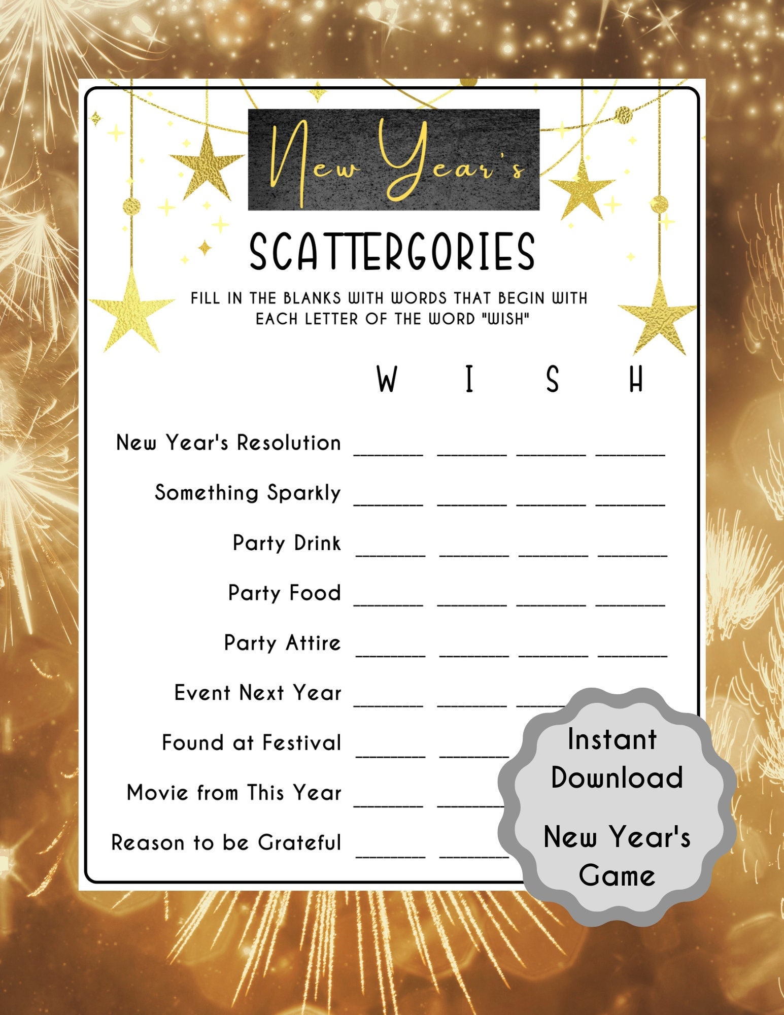 New Years Scattergories Game Printable New Year's Eve Game New Year ...