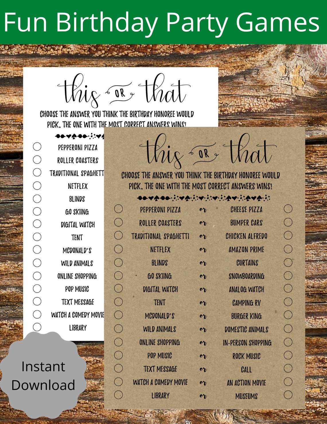 This or That Birthday Party Game: Fun Trivia (printable) - Etsy