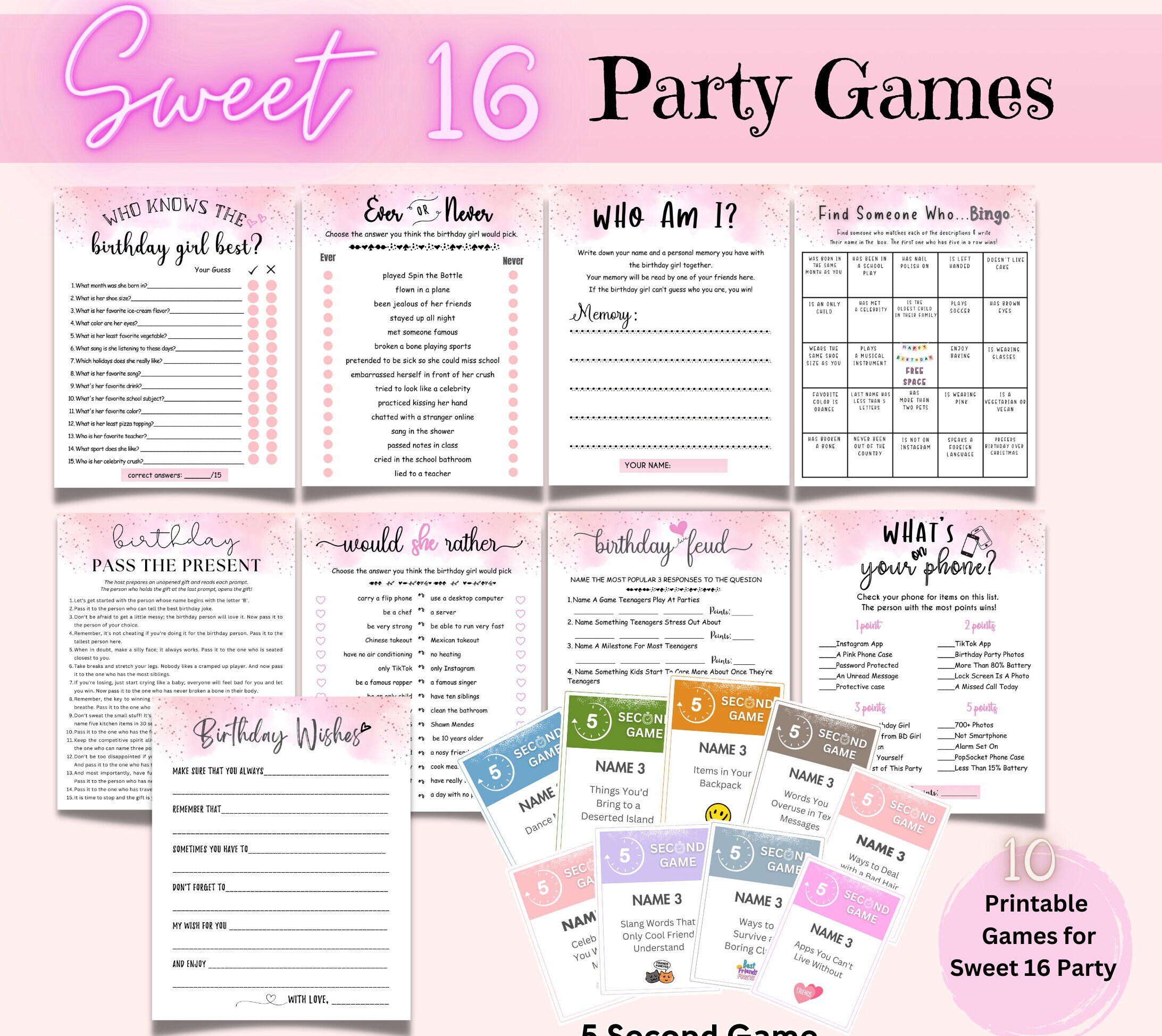 Sweet 16 Games Printable, Teen Birthday Games, Fun 16th Birthday Games ...