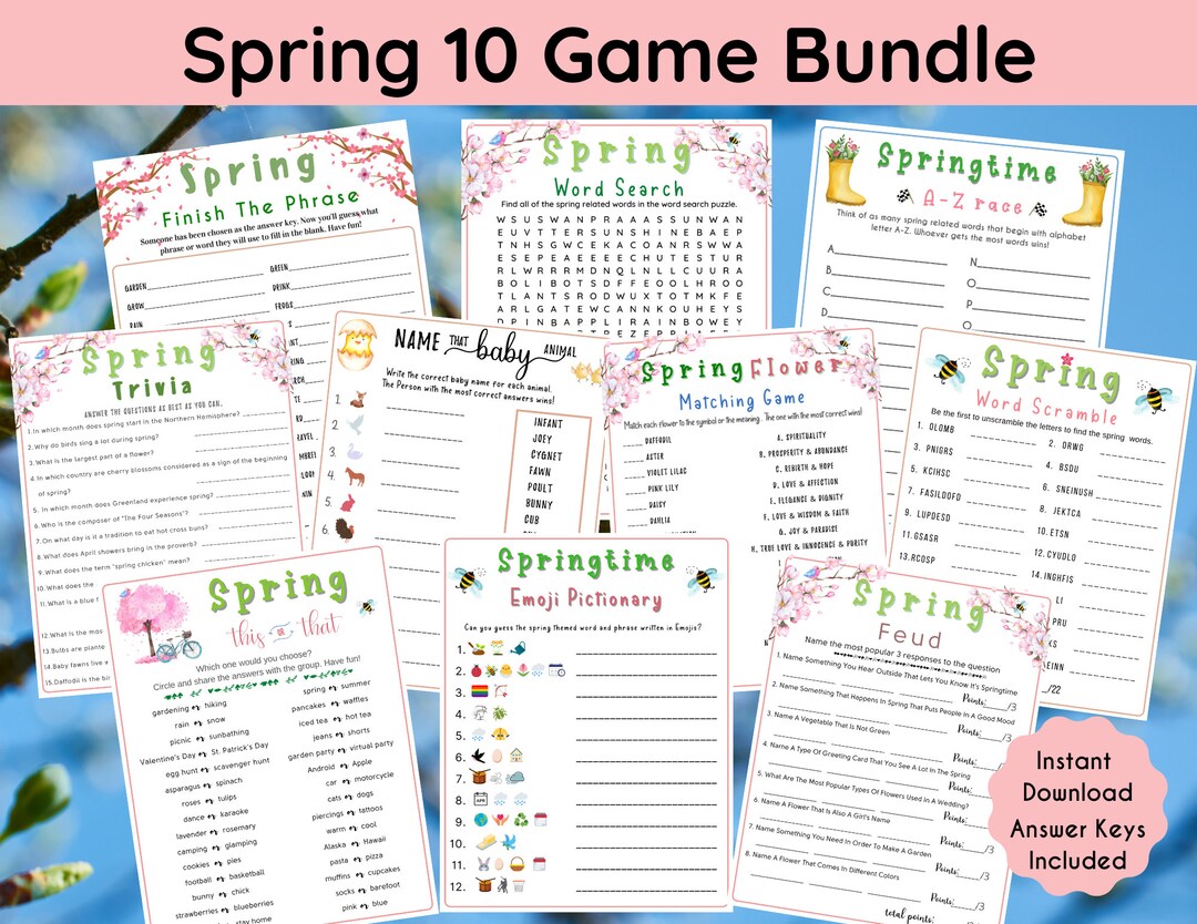 10 Spring Printable Game Bundle | Fun Spring Party Games | Springtime ...