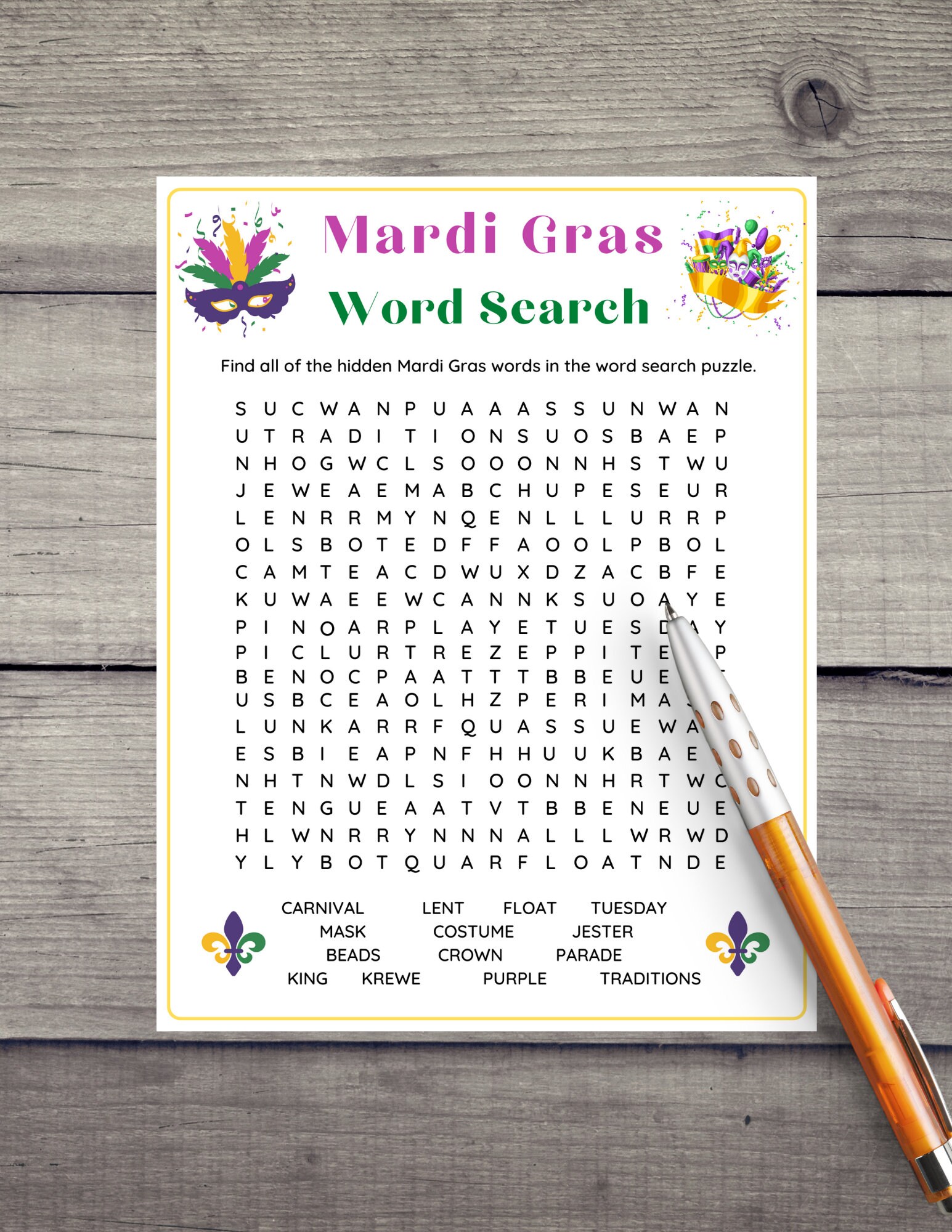 Mardi Gras Word Search Game Mardi Gras Printable Game for Kids & Adults ...