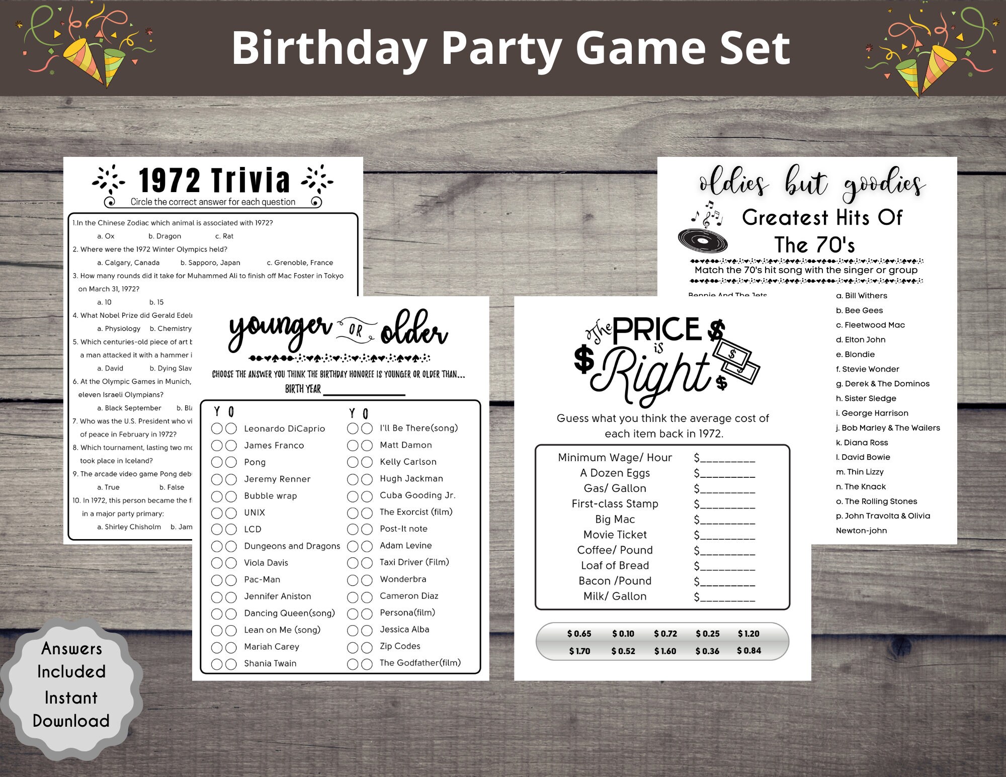 52nd Birthday Games Bundle Printable 1972 Games 52nd Party Activities ...