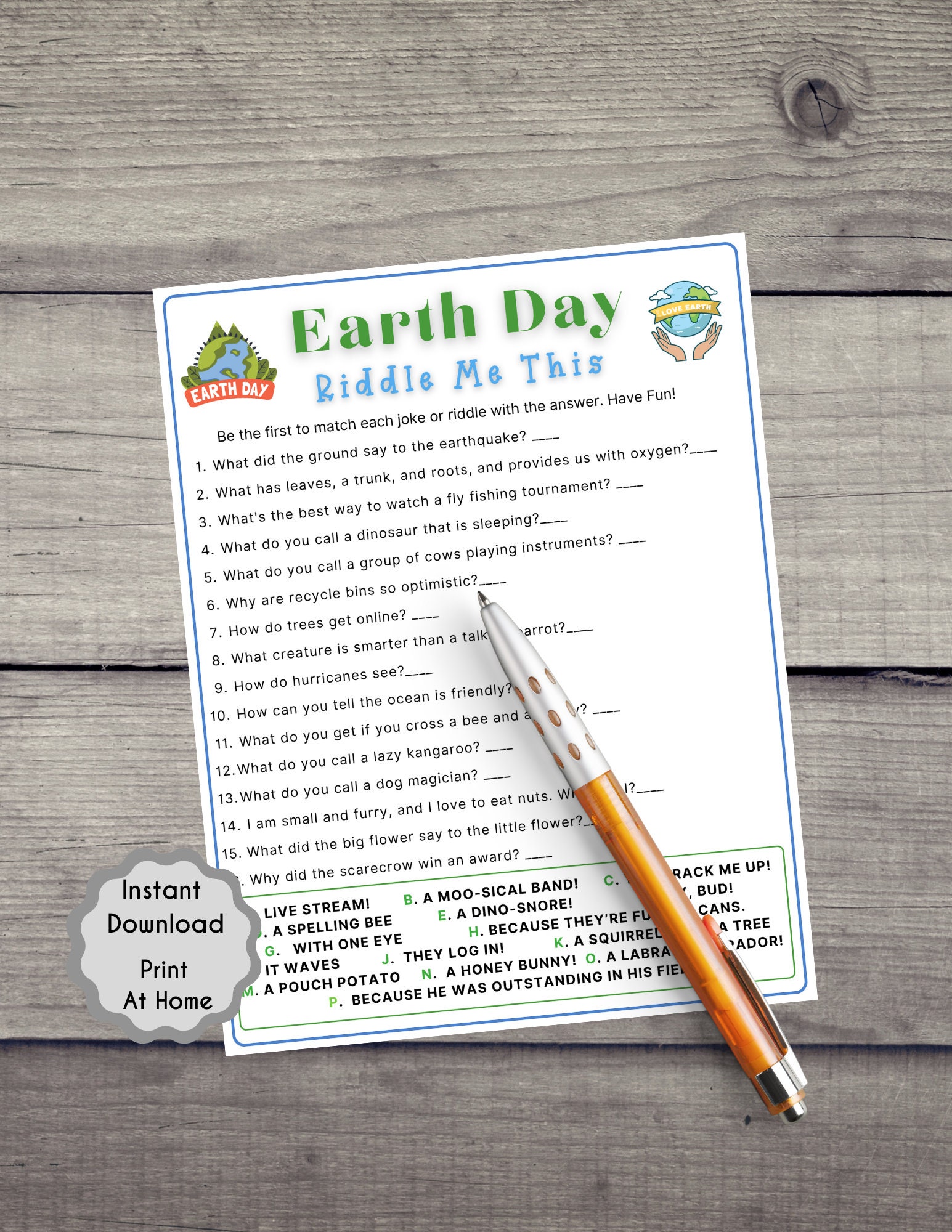 Earth Day Riddle Me This Game Fun Earth Day Printable Game for Kids ...