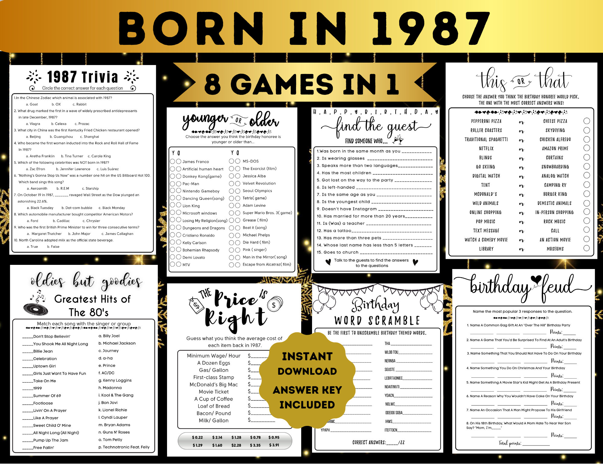1987 37th Birthday Games Bundle Printable 1987 Games 37th Party ...