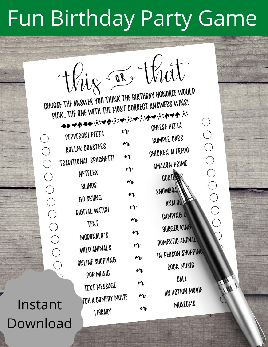 This or That Birthday Party Game: Fun Trivia (printable) - Etsy