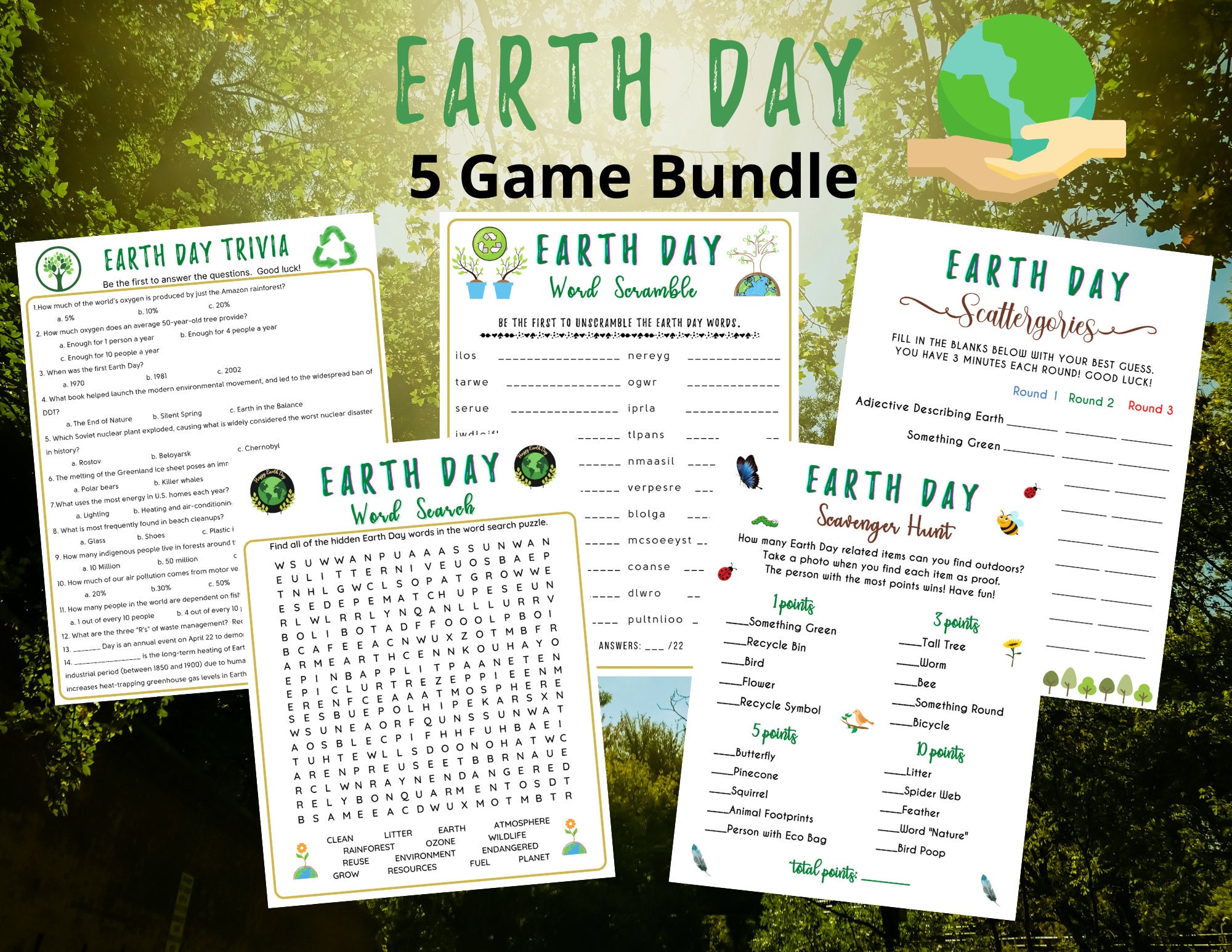 5 in 1 Earth Day Game Bundle Earth Day Printable Game for Kids & Adults ...