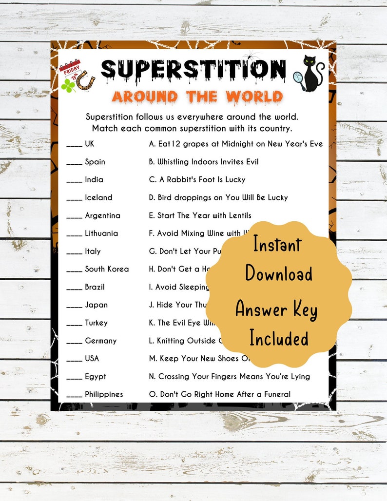 Halloween Superstition Around the World Printable Game Spooky Halloween ...