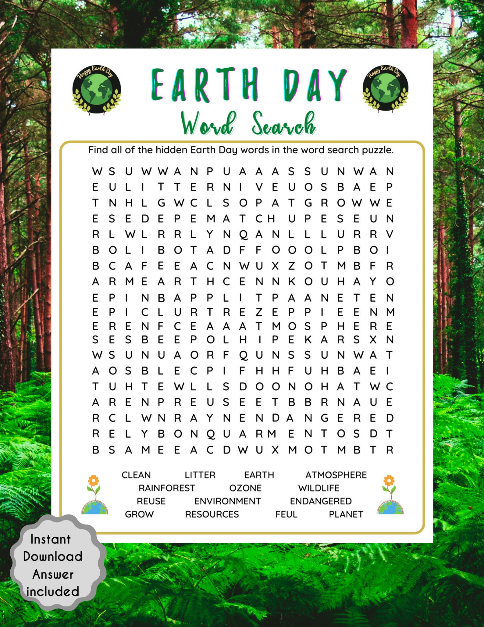 Earth Day Word Search Game Earth Day Game for Kids & Adults | Etsy