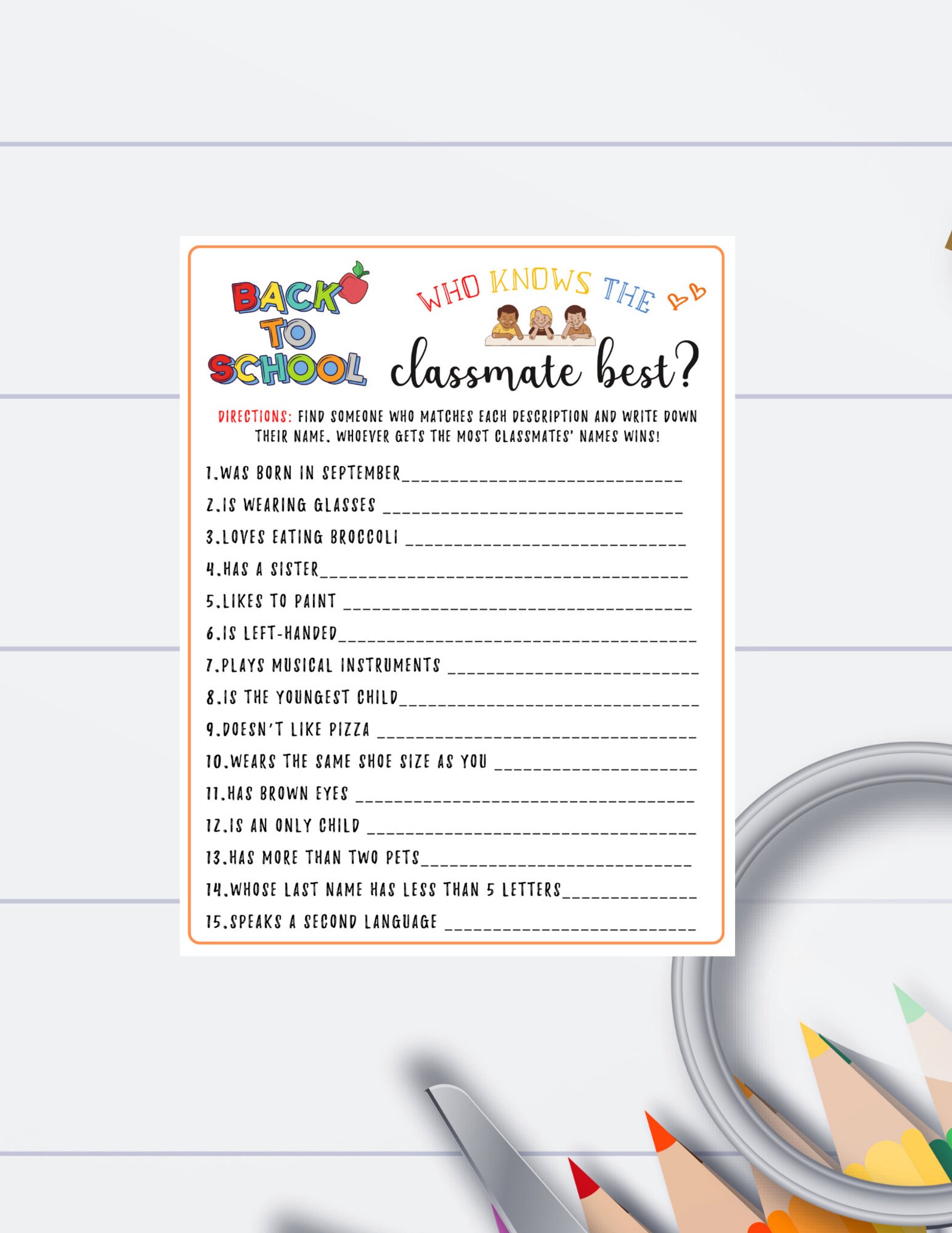 Printable Back to School Who Knows the Classmate Best Game Classroom ...