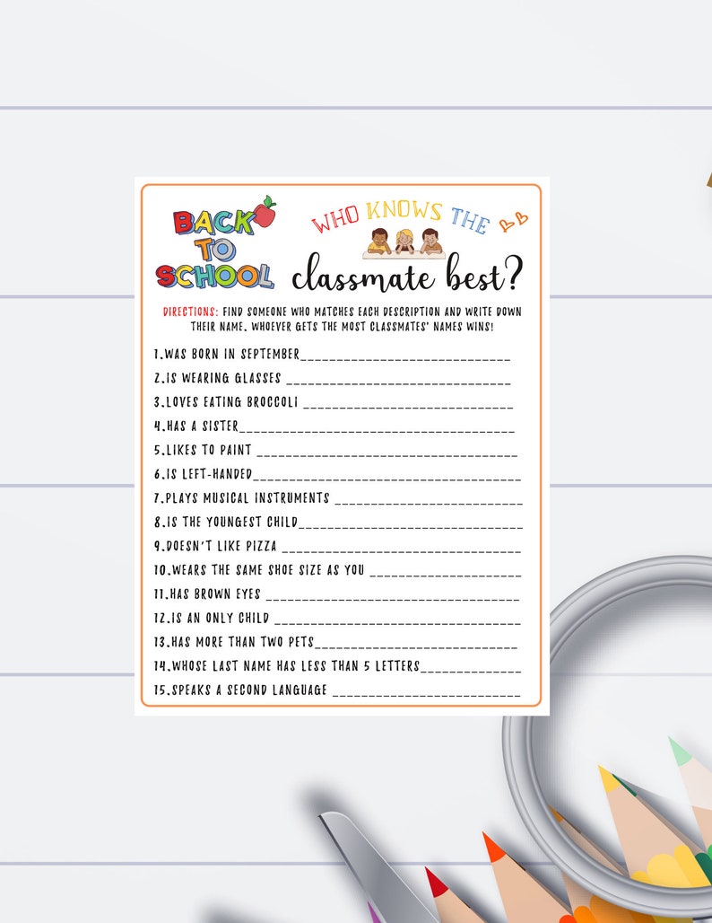 Printable Back to School Who Knows the Classmate Best Game Classroom ...