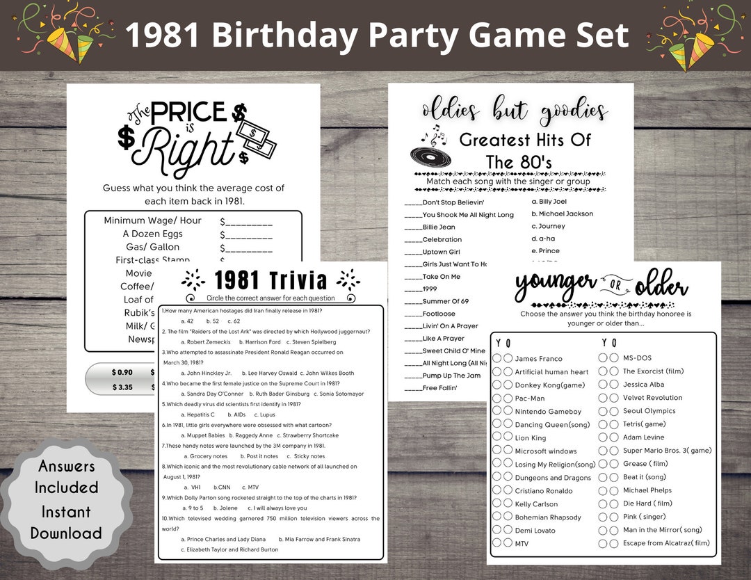 1981 Birthday Trivia Games Bundle: 44th Birthday Party (digital ...