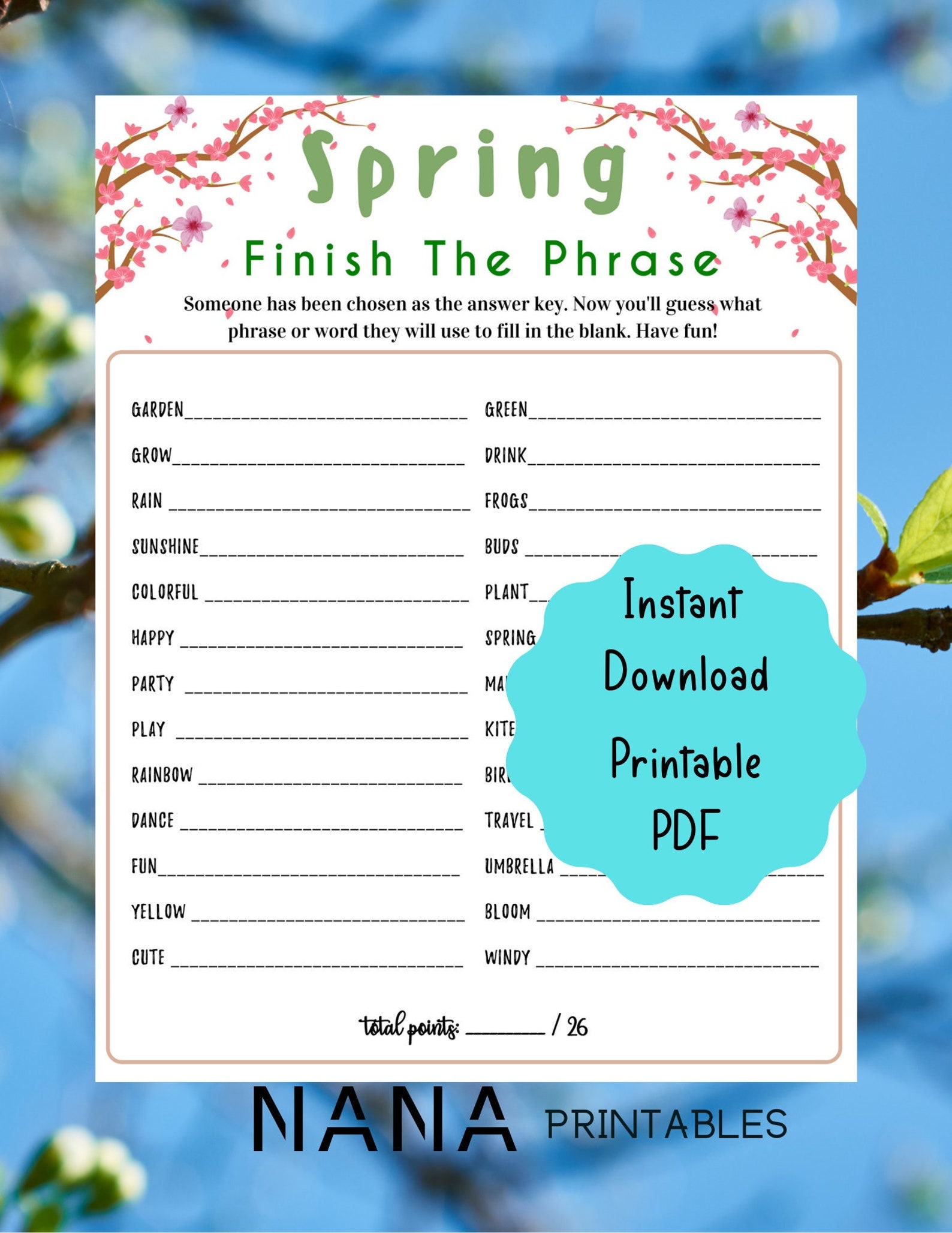 Spring Finish the Phrase Printable Game Fun Spring Party Game Spring ...
