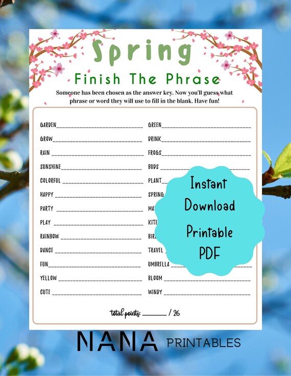 Spring Finish the Phrase Printable Game Fun Spring Party | Etsy