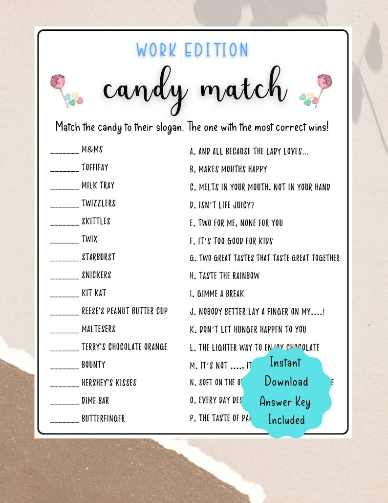 Office Party Candy Match Game: Printable Icebreaker (PDF) - Etsy