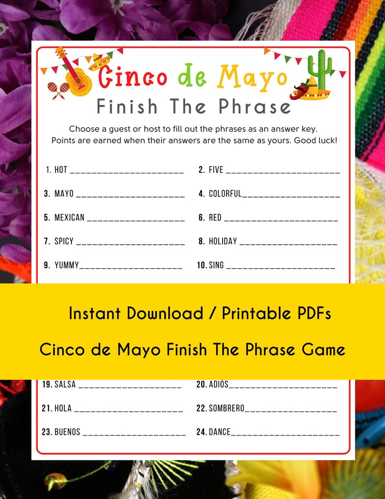 Cinco De Mayo Finish the Phrase Game L Printable Game Mexican Fiesta ...
