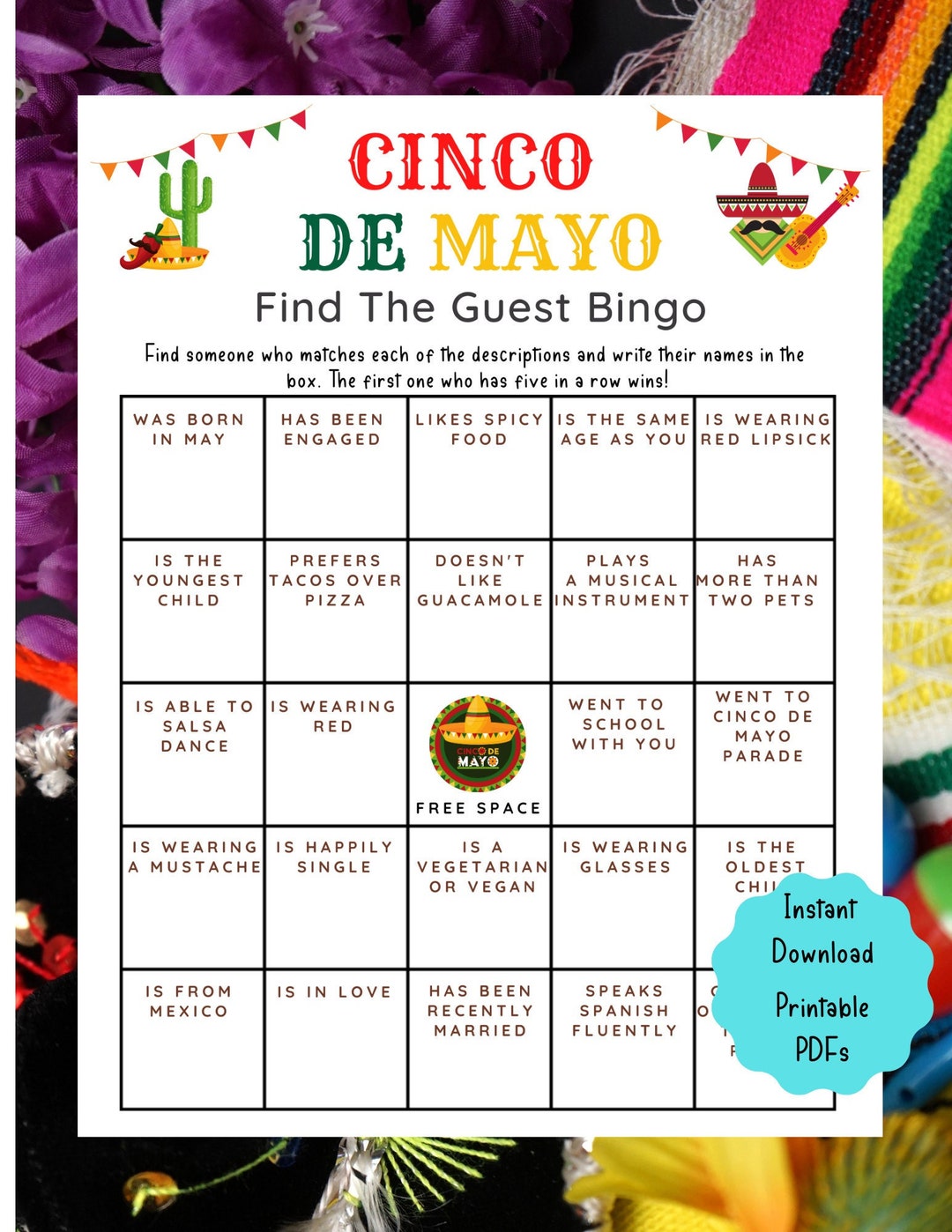 Cinco De Mayo Find the Guest Bingo Game L Printable Game | Mexican ...