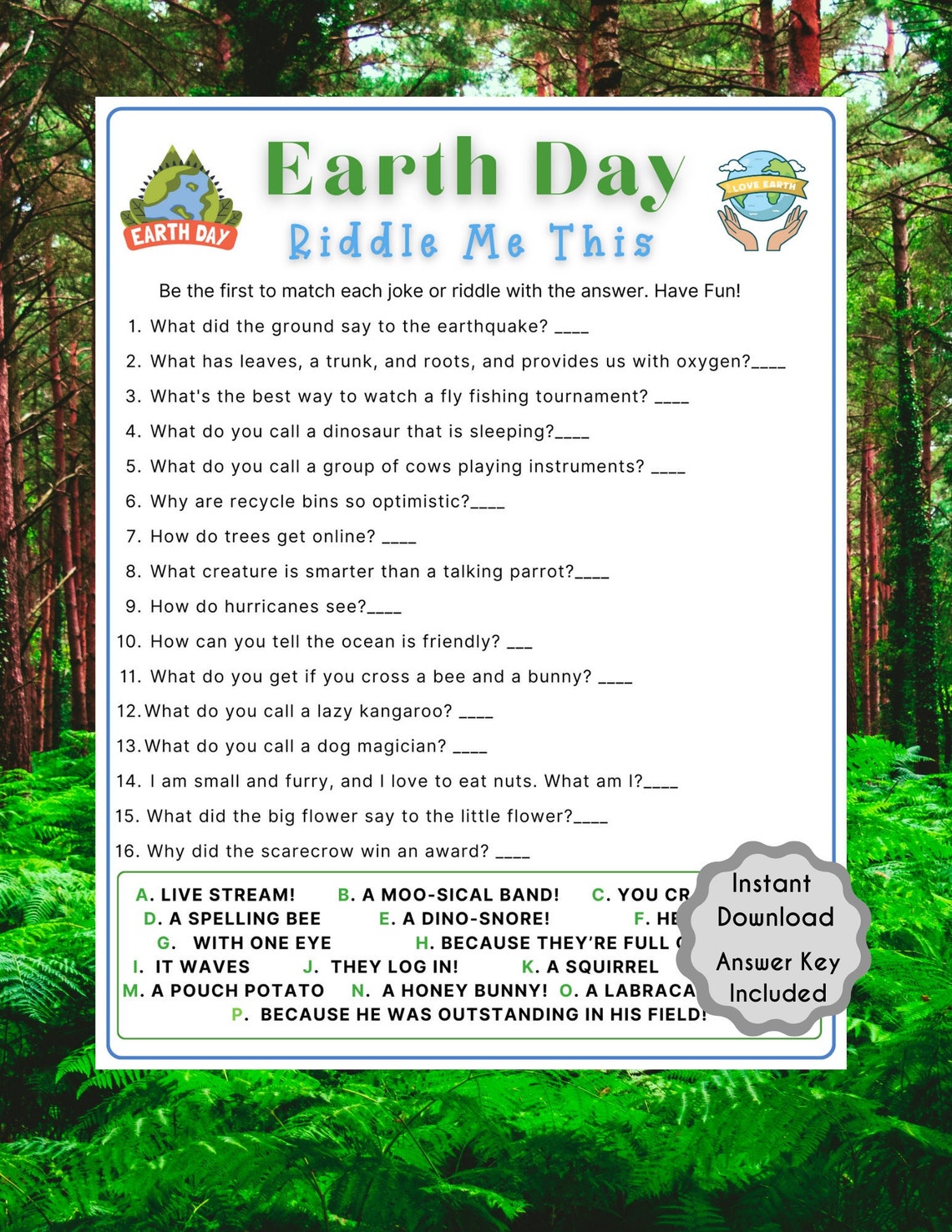 Earth Day Riddle Me This Game Fun Earth Day Printable Game for Kids ...